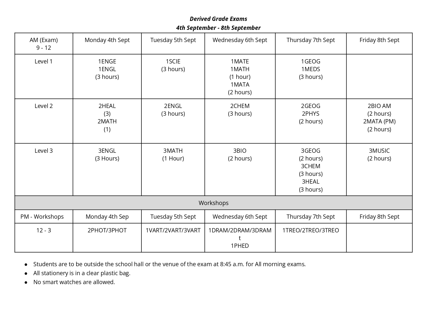 Term 3 Derived Exam Timetable - Te Kauwhata College