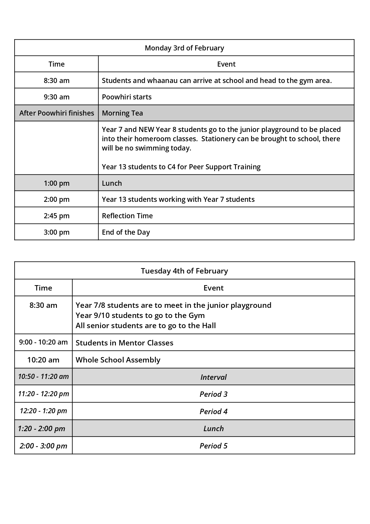 Start of Year Information - Te Kauwhata College