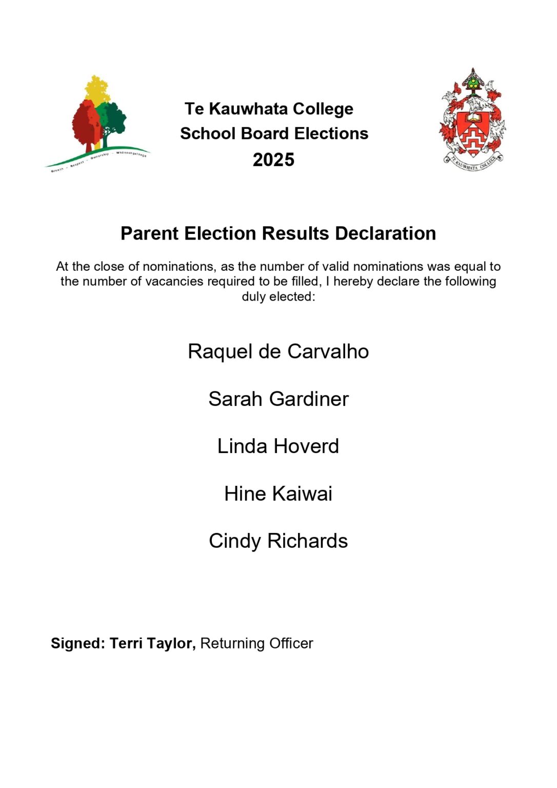 2025 Parent Election Results - Te Kauwhata College